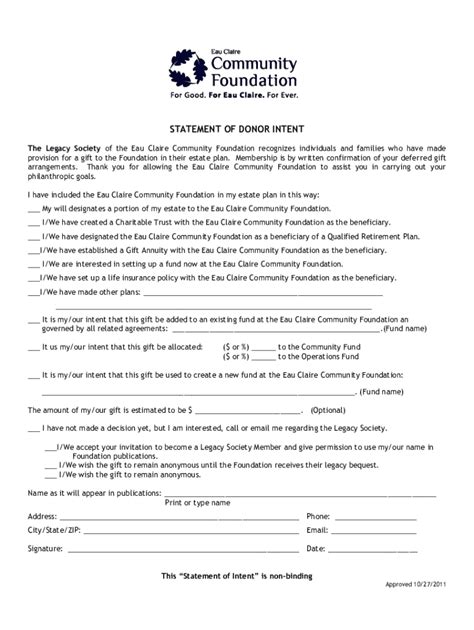 Fillable Online Statement Of Donor Intent Eccfwi Eau Claire