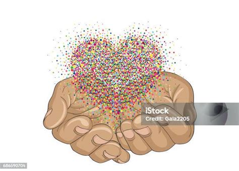 오픈 손바닥에서 심 혼의 형태로 여러 색된 색종이 비행 인사말 카드입니다 벡터 일러스트입니다 텍스트 레이블 및 광고에 대 한 빈 공간 개념에 대한 스톡 벡터 아트 및 기타