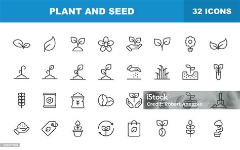 식물 및 종자 라인 아이콘 편집 가능한 획 잎 나무 생태 환경 농업 심기 성장 급수 재활용 꽃 정원 자연 농장과 같은 아이콘이 포함되어 있습니다 개체 그룹에 대한 스톡 벡터