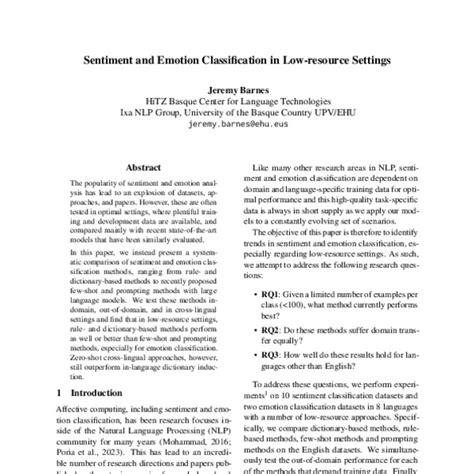 Sentiment And Emotion Classification In Low Resource Settings Acl Anthology