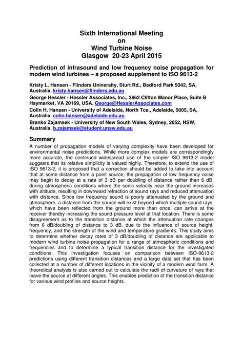 Pdf Prediction Of Infrasound And Low Frequency Noise Propagation For Modern Wind Turbines A