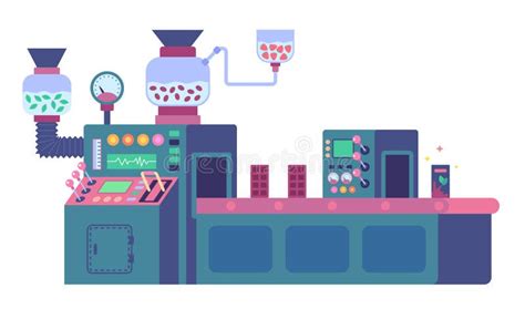 Cartoon Color Chocolate Factory With Automation System Production On Conveyor Belt Concept
