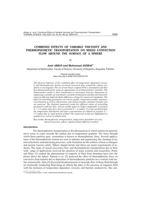 Pdf Combined Effects Of Variable Viscosity And Thermophoretic Transportation