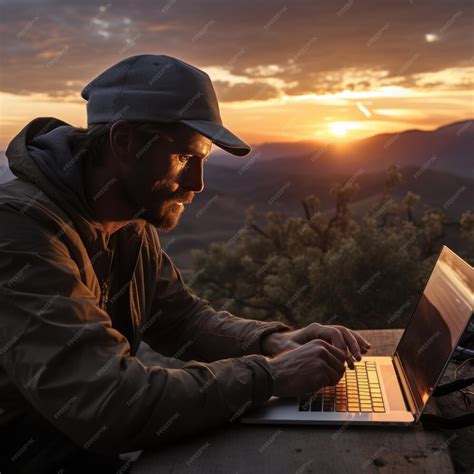 Premium Photo Man Typing On Computer At Sunrise