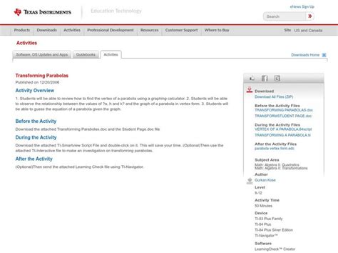 Texas Instruments Transforming Parabolas Activity For 9th 10th Grade Lesson Planet