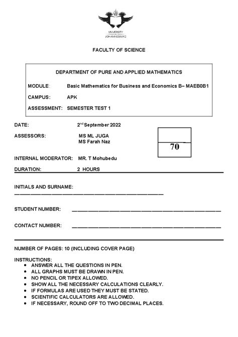 MAEB B ST Semester Test FACULTY OF SCIENCE DEPARTMENT OF PURE AND APPLIED