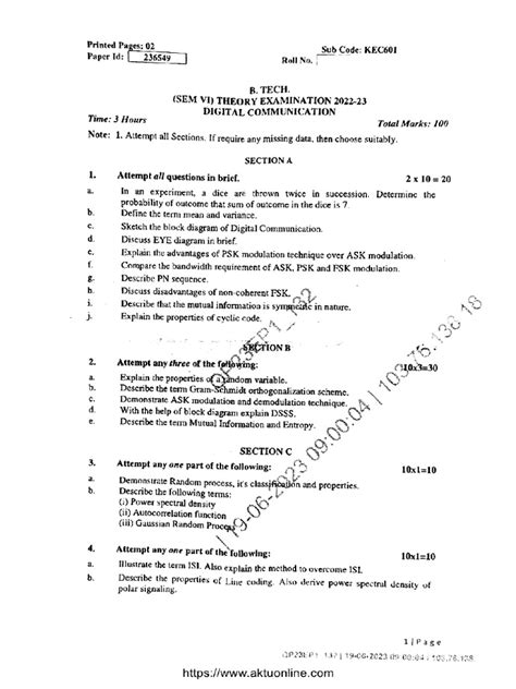 Btech Ec 6 Sem Digital Communication Kec601 2023 Pdf