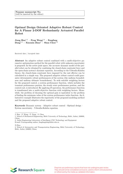 Pdf Optimal Design Oriented Adaptive Robust Control For A Planar 2