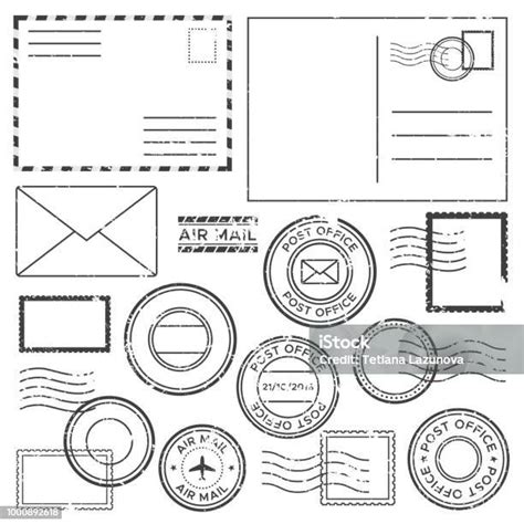 오래 된 우편 편지 소인 우표입니다 골동품 항공 비행기 테두리로 표시 메일 스탬프 라벨 문자와 잉크 봉인 벡터 집합 게시 우표에