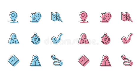 Set Line Road Traffic Sign Map Pin Route Location Compass Folded