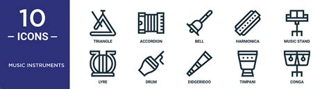 음악 악기 개요 아이콘 세트에는 얇은 선 삼각형 벨 음악 스탠드 드럼 팀파니 콩가 보고서 프리젠 테이션 다이어그램 웹 디자인을위한 라이어 아이콘이 포함됩니다 0명에 대한