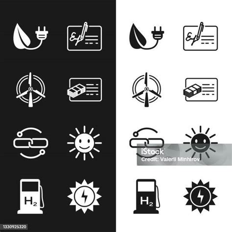 금융 문서 설정 회전 풍력 터빈 전기 절약 플러그 잎 서명 체인 링크 라인 미소와 귀여운 태양 태양 에너지 패널과 수소 충전소