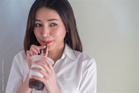 Happy Smiling Asian Woman Drinking Iced Bubble Milk Tea Aka Boba Tea Pearl Milk Tea Tapioca
