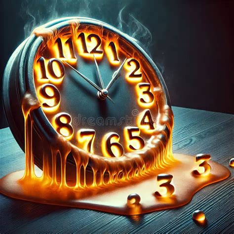 A Clock Melting Over The Edge Of A Table Its Numbers Glowing And Stock