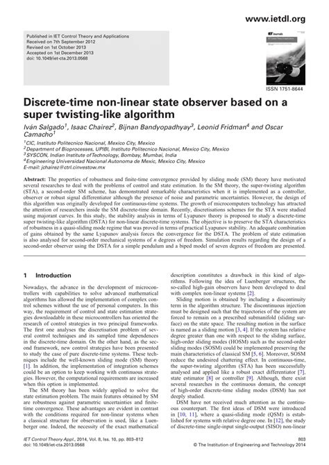 Pdf Discrete Time Non Linear State Observer Based On A Super Twisting Like Algorithm
