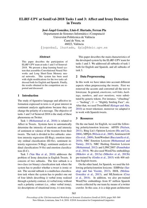 PDF ELiRF UPV At SemEval Tasks And Affect And Irony Detection In Tweets