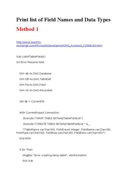 print list of field names and data types doc microsoft access