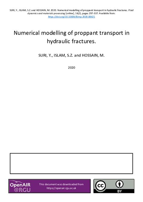 Pdf Numerical Modelling Of Proppant Transport In Hydraulic Fractures