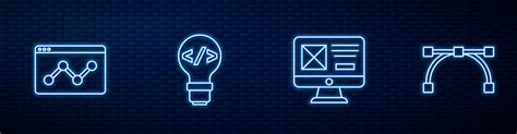 라인 ui 또는 ux 디자인 웹 사이트 통계 프론트 엔드 개발 및 베지어 곡선을 설정합니다 벽돌 벽에 빛나는 네온 아이콘입니다 벡터 개념에 대한 스톡 벡터 아트 및 기타