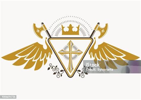 여행 기독교 종교적인 크로스와 로얄 크라운 빈티지 장식 전 령 벡터 상징 구성 골동품에 대한 스톡 벡터 아트 및 기타 이미지 골동품 국왕 기독교 Istock
