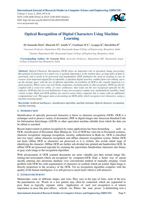 Pdf Optical Recognition Of Digital Characters Using Machine Learning