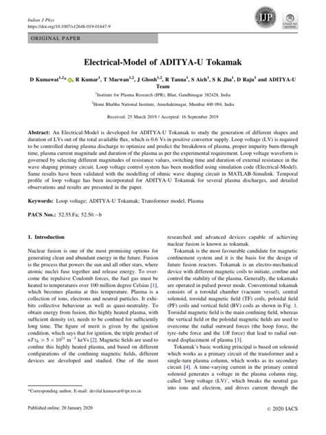 Electrical Model Of Aditya U Tokamak Download Free Pdf Tokamak Inductance