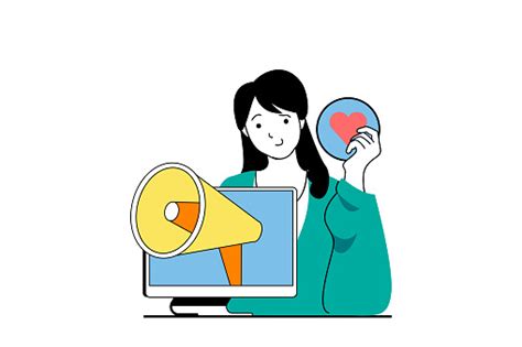 플랫 웹 디자인에서 사람들 장면을 가진 디지털 마케팅 개념 여자는 확성기로 광고 캠페인을 만들고 고객을 끌어들입니다 소셜 미디어 배너 마케팅 자료에 대한 벡터 그림입니다