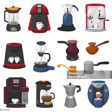 커피 머신 벡터 커피 메이커 와 커피 머신 에스프레소 음료 카페 일러스트 세트 전문 장비 커피 포트 커피 컵 흰색 배경에 고립