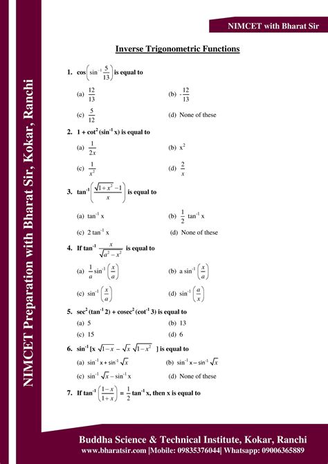 Mca Nimcet 2023 Inverse Trigonometric Functions Assignment For Preparation Artofit