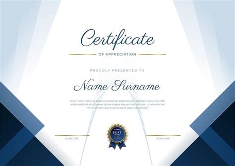감사장 템플릿 금색과 파란색 금색 배지가 있는 깨끗한 현대 인증서 고급스럽고 현대적인 라인 패턴이 있는 인증서 테두리 템플릿 졸업장 벡터 템플릿 프리미엄 벡터 감사장