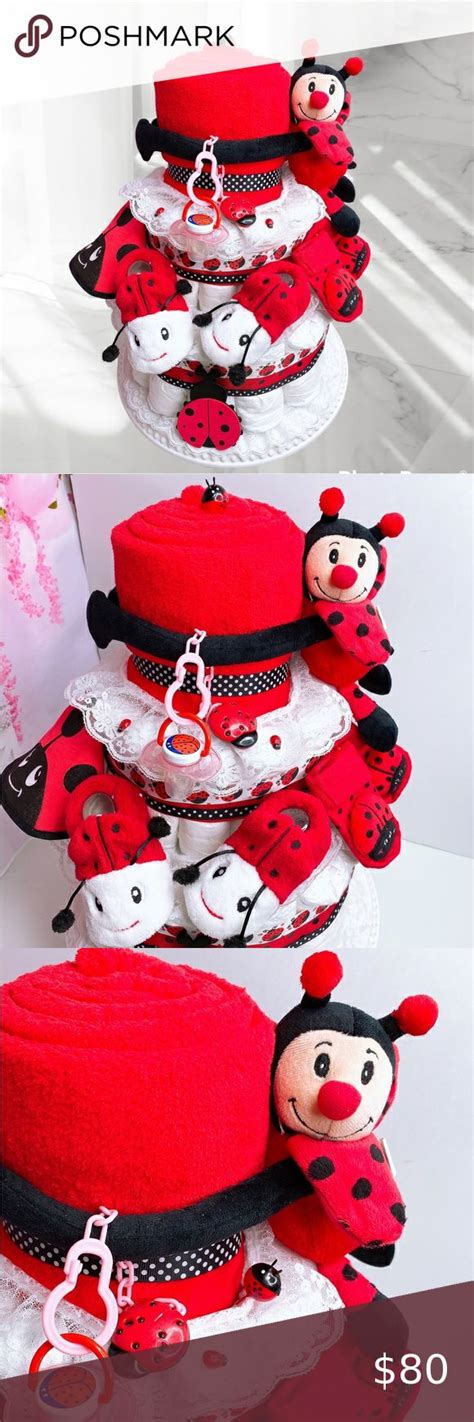 Ladybug Diaper Cake With 3 Tiers And Red Top Layer