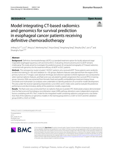 Pdf Model Integrating Ct Based Radiomics And Genomics For Survival Prediction In Esophageal