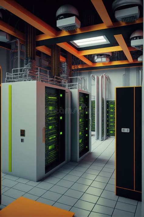 Computer Servers With Green Lights In Server Farm Created Using