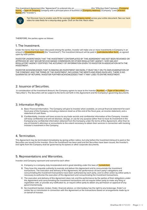 Investment Agreement Template Oneflow