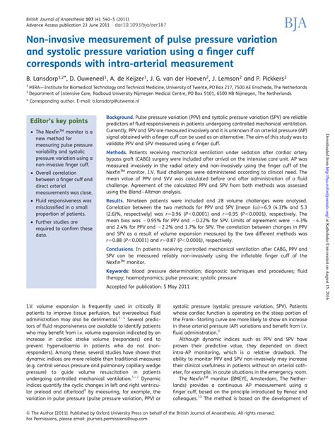 Pdf Noninvasive Measurement Of Pulse And Systolic Pressure Variation Using A Finger Cuff