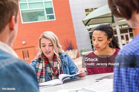 대학 캠퍼스에서 겨울에 야외에서 함께 공부하는 두 명의 여학생 커뮤니티 칼리지에 대한 스톡 사진 및 기타 이미지 커뮤니티 칼리지 미국 학생 Istock