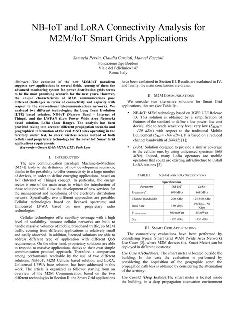 Pdf Nb Iot And Lora Connectivity Analysis For M2m Iot Smart Grids Applications