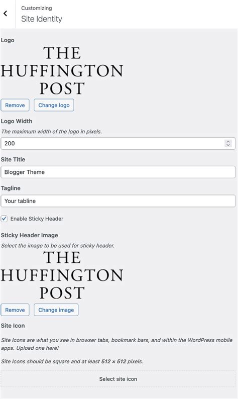 logo site title docs blogger theme customizer settings