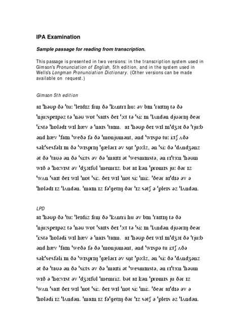 Ipa Examination Sample Passage For Reading From Transcription Pdf