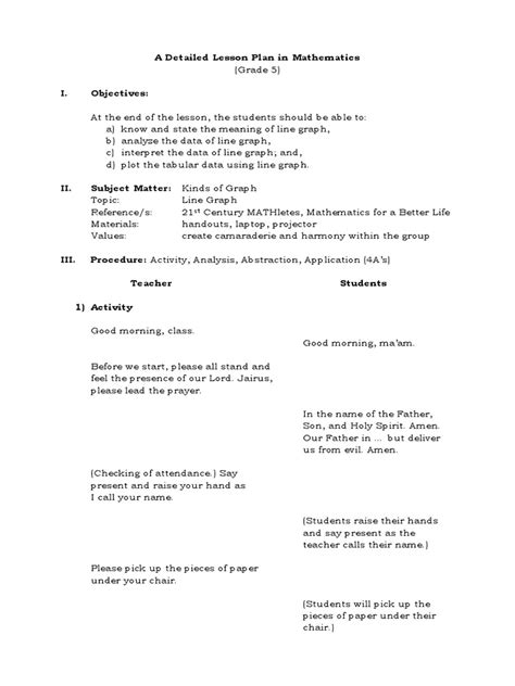 A Detailed Lesson Plan In Mathematics 5 Pdf Cartesian Coordinate