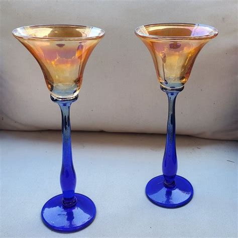 Dining 2 Hand Blown Wine Glasses Artisan Signed Blue And Amber Art