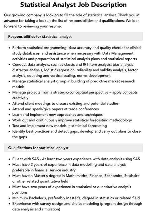Statistical Analyst Job Description Velvet Jobs