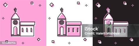 분홍색과 흰색 검은 색 배경에 고립 된 교회 건물 아이콘을 설정합니다 기독교 교회 교회의 종교 벡터 일러스트레이션 건축에 대한 스톡 벡터 아트 및 기타 이미지 Istock