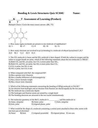 covalent bonding and lewis structures quiz molecule shapes vsepr bond