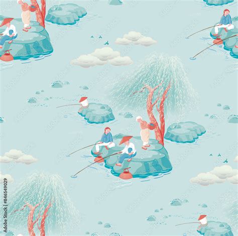 더운 여름날 시원한 강가 버드나무 아래에 앉아서 낚시를 즐기는 사람들을 그린 패턴 벡터 일러스트레이션 한국의 옛모습 Stock Vector Adobe Stock