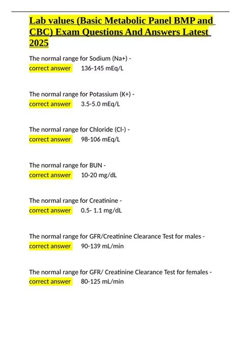 Lab Values Basic Metabolic Panel Bmp And Cbc Exam Questions And Answers Latest 2025docx Bmp Lab Values Basic Metabolic Panel Bmp And Cbc Exam Questions And Answers Latest 2025docx Bmp
