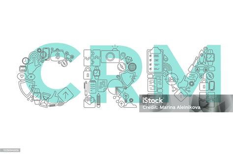 흰색 배경에 선 아이콘crm 단어 레터링 타이포그래피의 벡터 창조적 인 그림 고객 관계 관리 개념입니다 고객관계 관리에 대한 스톡 벡터 아트 및 기타 이미지 Istock
