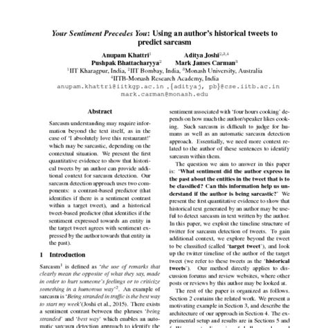 Your Sentiment Precedes You Using An Authors Historical Tweets To Predict Sarcasm Acl Anthology