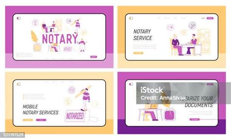 공증인 문서 승인 변호사 전문 서비스 방문 페이지 템플릿 세트 피플 캐릭터는 서명 및 합법화 문서에 대한 변호사 공무원을 방문합니다 선형 벡터 일러스트레이션 개념에 대한