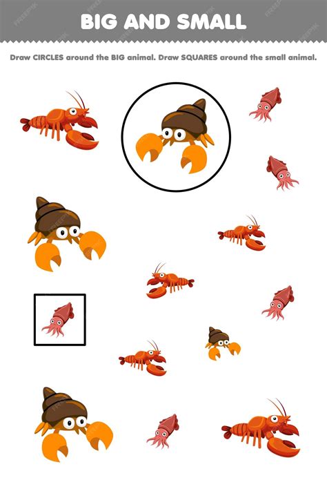 아이들을 위한 교육 게임은 귀여운 만화 가재 소라게 오징어 인쇄 가능한 수중 워크시트의 원과 사각형을 그려서 크거나 작은 크기로
